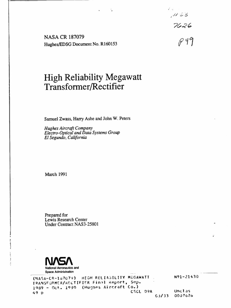High Reliability Megawatt Transformer/Rectiffer: Nasa CR 187079 Hughes ...