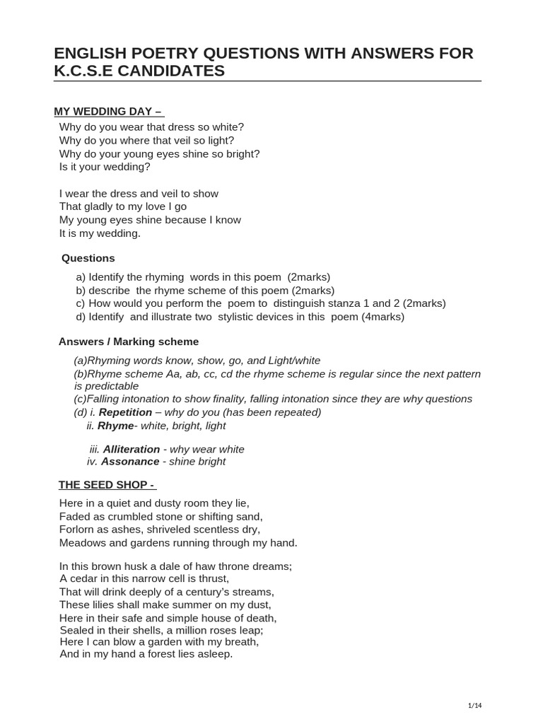 English Poetry Questions With Answers For Kcse Candidates | PDF ...