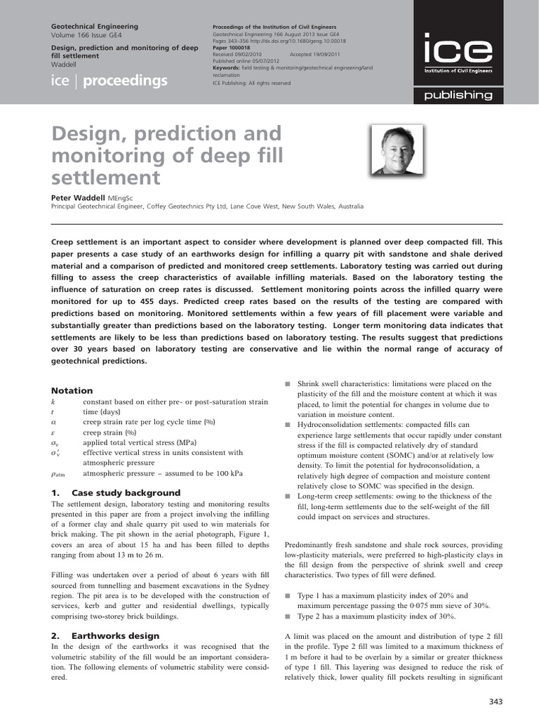 Design, Prediction and Monitoring of Deep Fill Settlement - Waddell2013 ...