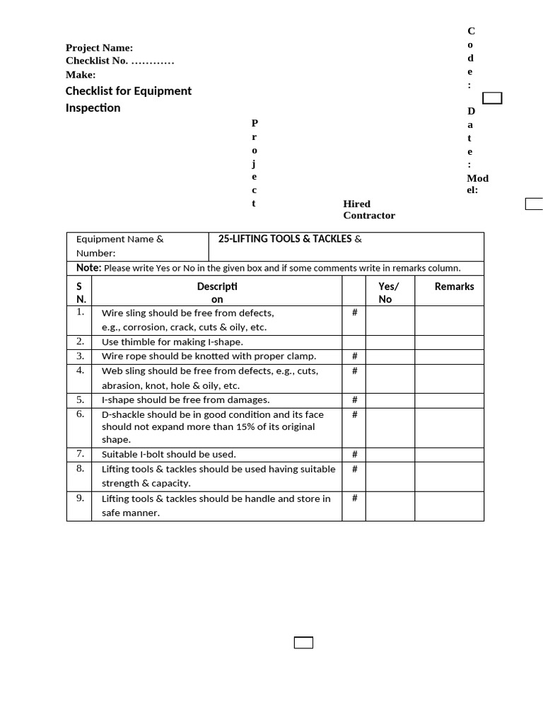 Checklist For Equipment Inspection Lifting Tools - Tackles | PDF ...