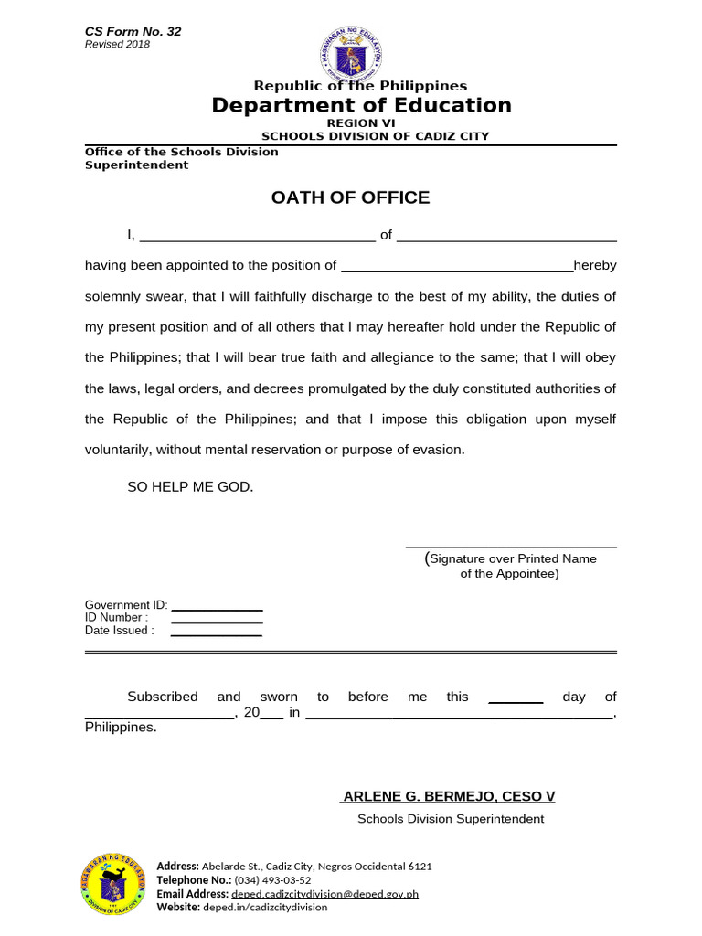 CS Form No. 32 Oath of Office | PDF