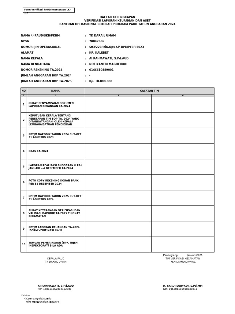 Form - Verifikasi - PAUD-Kesetaraan - LK-1.a - DARAIL UMAM | PDF