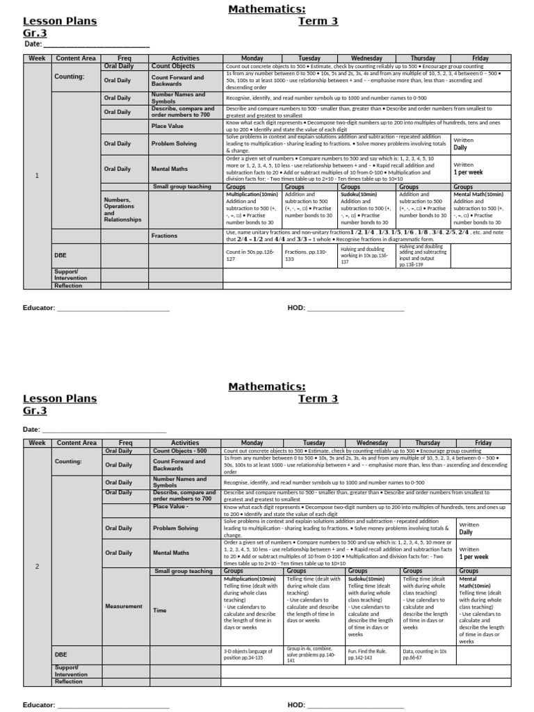 gr3.-term3-lessonplans | PDF | Multiplication | Numbers
