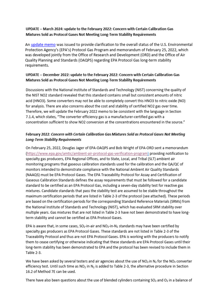 Protocol Gas Memo - 3 2024 | PDF | Nitrogen | Oxide
