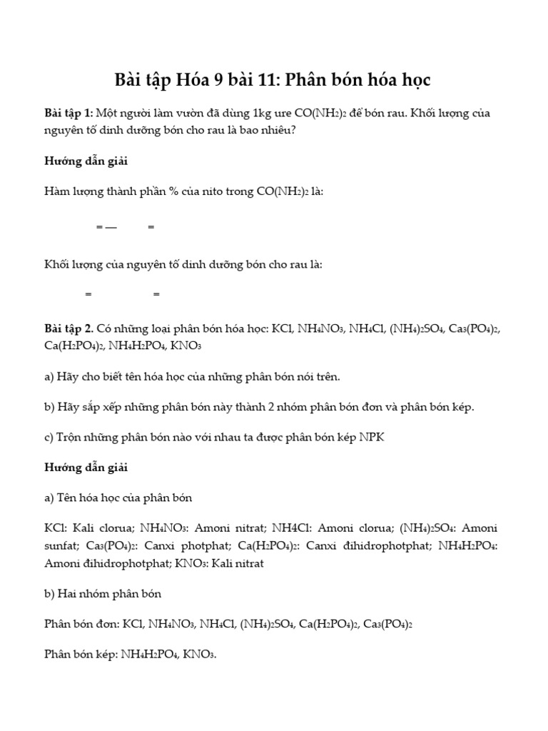 Bai Tap Hoa 9 Bai 11 Phan Bon Hoa Hoc 29822 | PDF