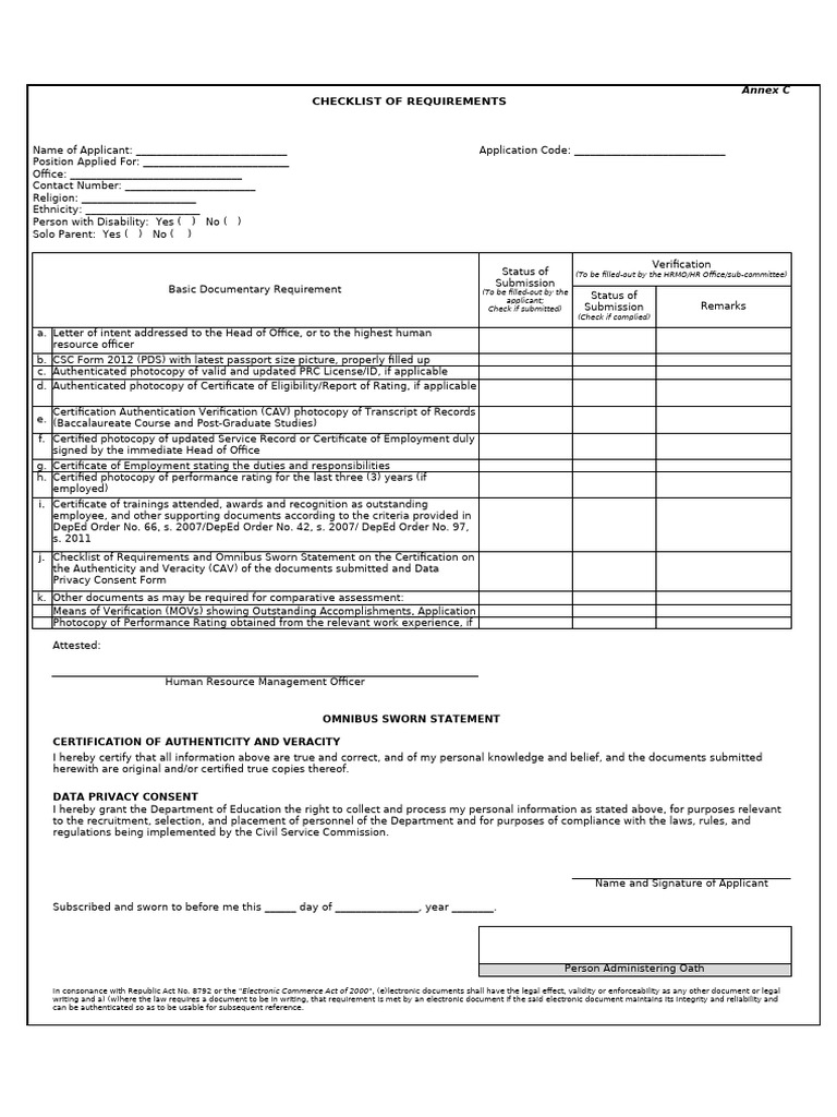Checklist of Requirements and Omninbus Sworn Statement | PDF