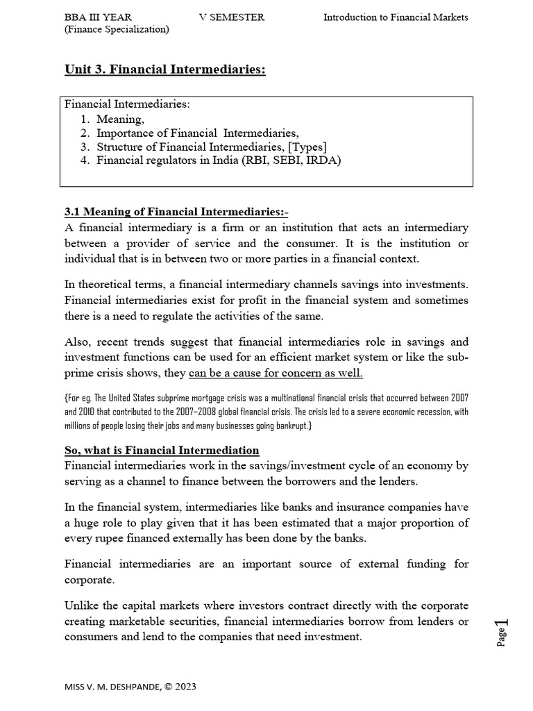 IFM Unit (3) Financial Intermediaries | PDF | Reserve Bank Of India | Banks