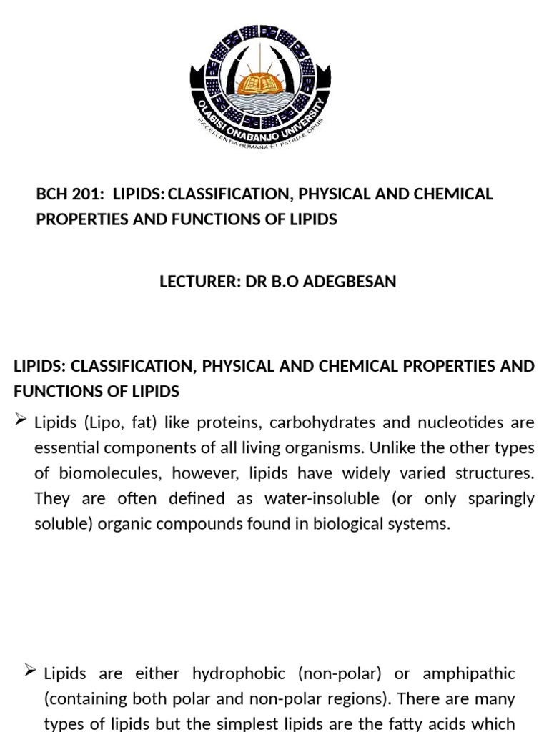 BCH 201 20202021 Lipids - DR Adegbesan | PDF | Lipid | Fatty Acid