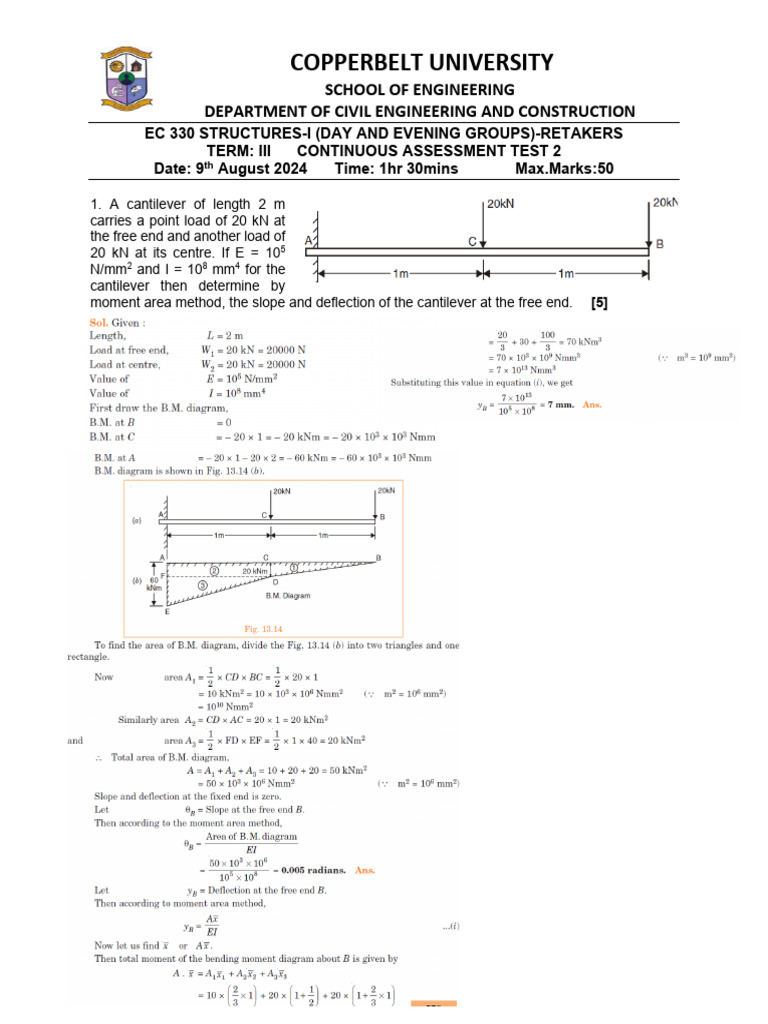 EC330 Structures I CAT 2 9th August 2024-Retakers - Answers | PDF