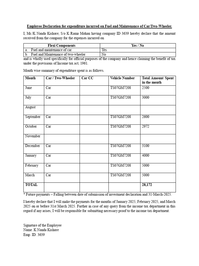 Fuel and Maintenance - Summary and Future Payment Declaration | PDF