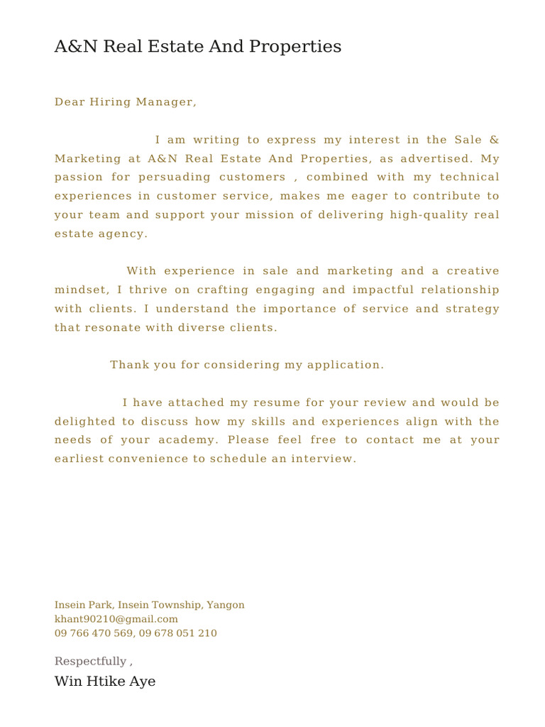 Win Htike's Cover Letter For A&N Real Estate and Properties | PDF