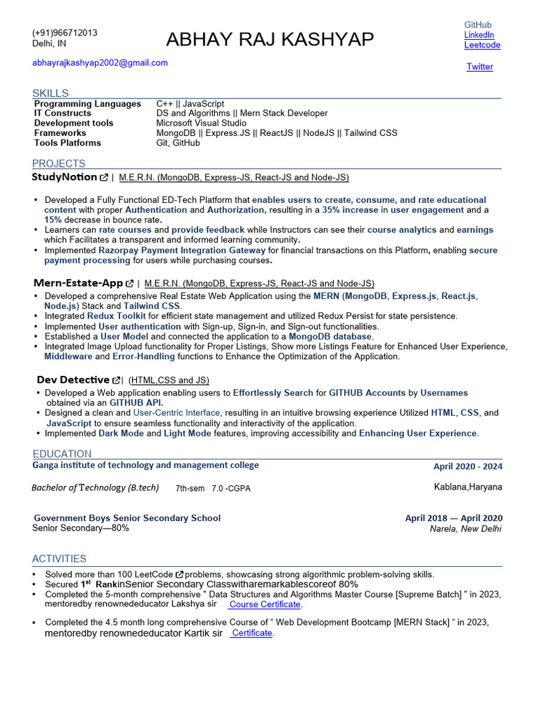 Abhay Raj Kashyap: MERN Developer Portfolio | PDF | Mongo Db | Web Development
