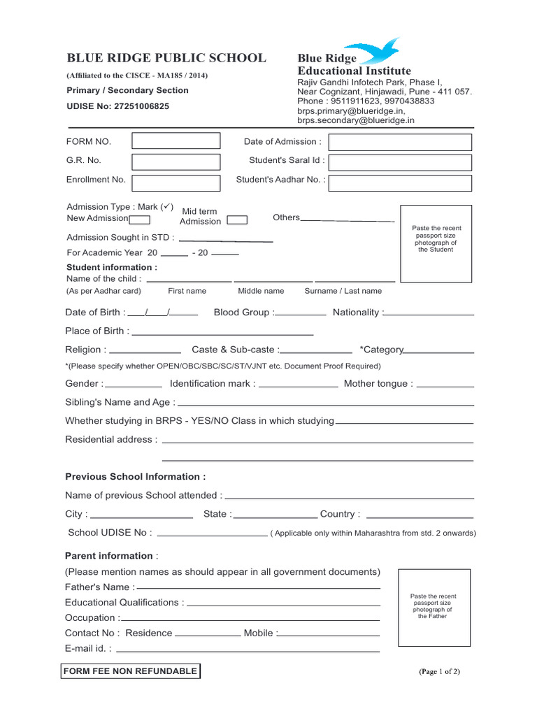 BRPS Admission Form Template | PDF