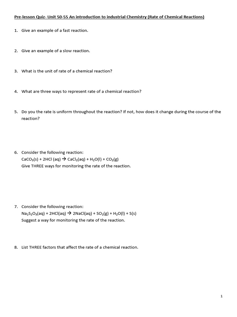 Pre-Lesson Quiz on Reaction Rates | PDF | Reaction Rate | Catalysis