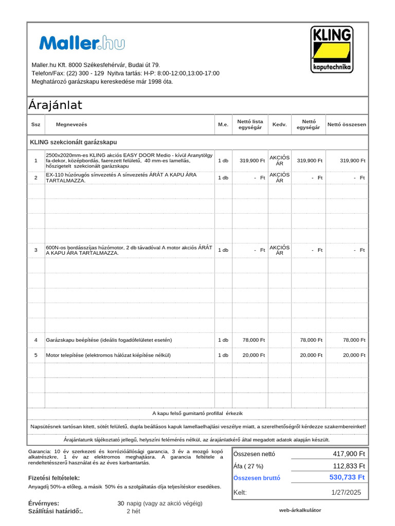 Kling Garazskapu Arkalkulator | PDF