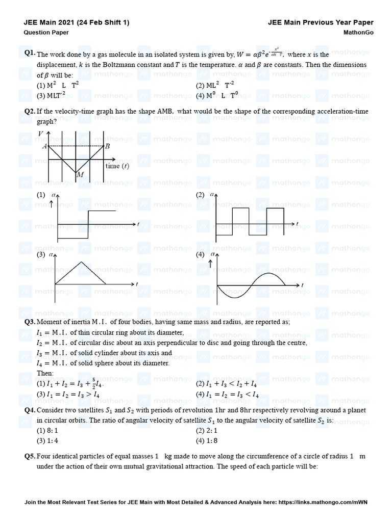 JEE Main 2021 Physics Question Paper | PDF | Chemical Equilibrium ...