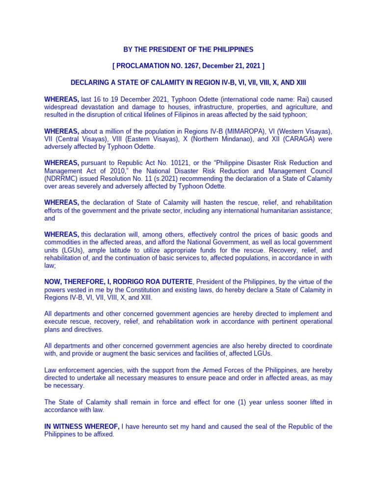 PROCLAMATION NO. 1267, December 21, 2021 | PDF | State Of Emergency ...