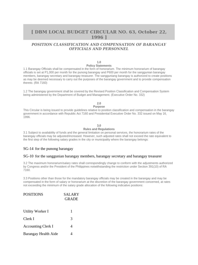 DBM Local Budget Circular No. 63-Barangay | PDF | Salary | Justice