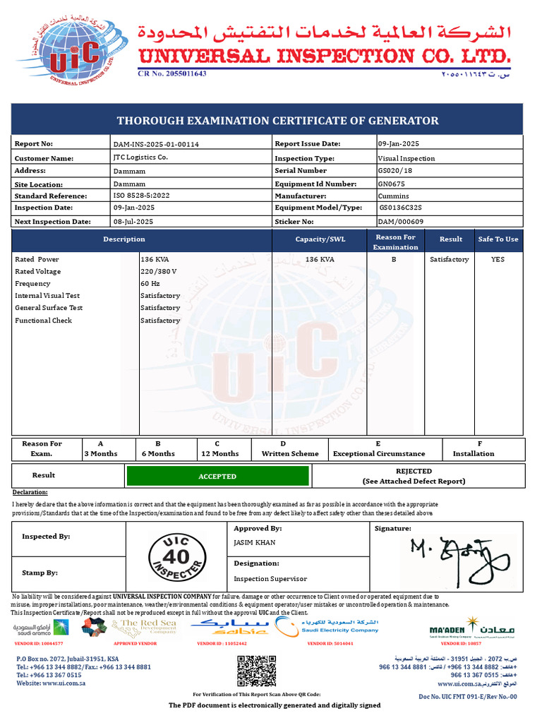 Generator Inspection Certificate 2025 | PDF