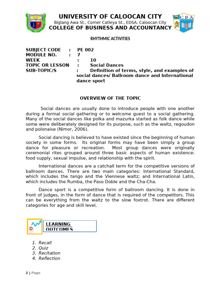 Pe 002 Cba Week 10 Module 7 Social Dance | PDF | Ballroom Dance | Dances