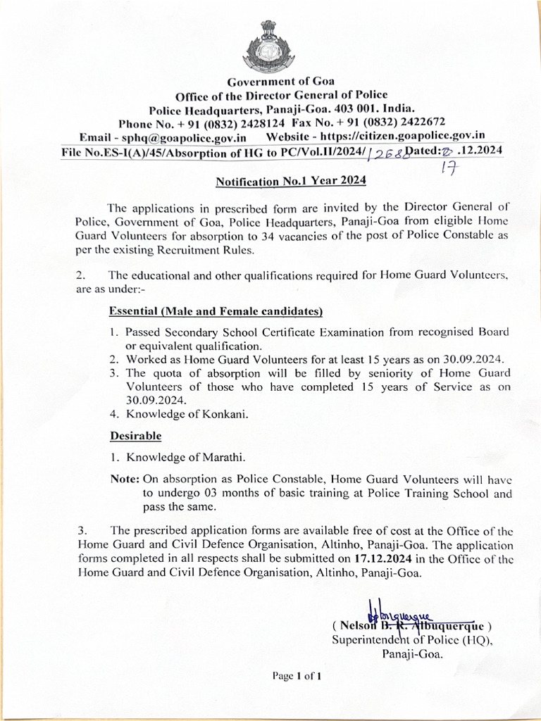 Notification No.1 Year 2024 - Absorption of Eligible Home Guard ...