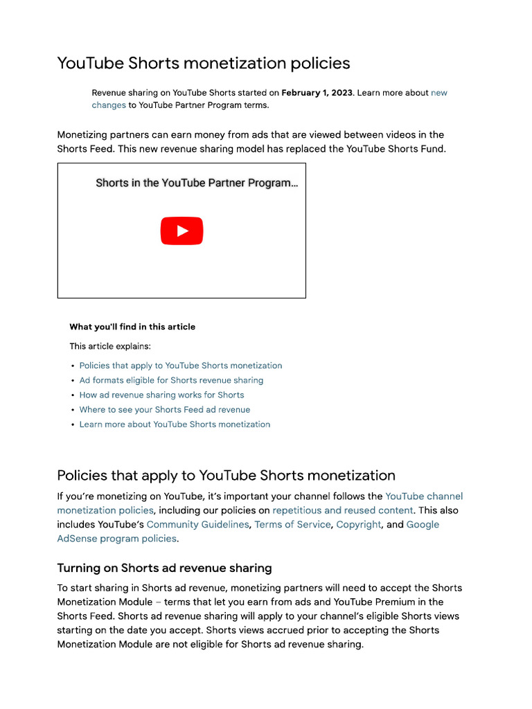Youtube Shorts Monetization Policies | PDF