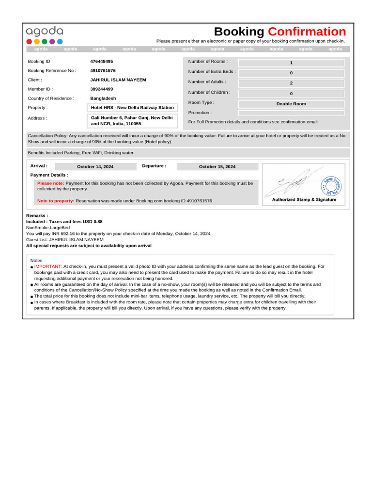 Agoda Booking Confirmation Details | PDF | Payments | Credit Card