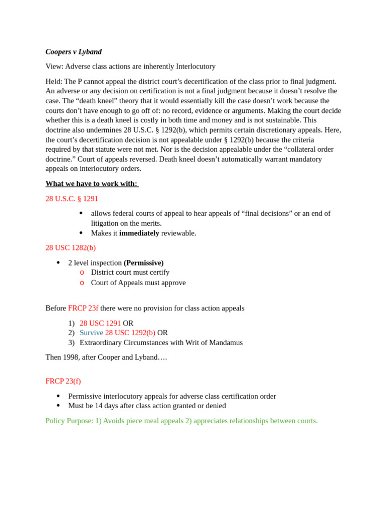 Coopers v. Lybrand: Class Action Appeals Explained | PDF ...