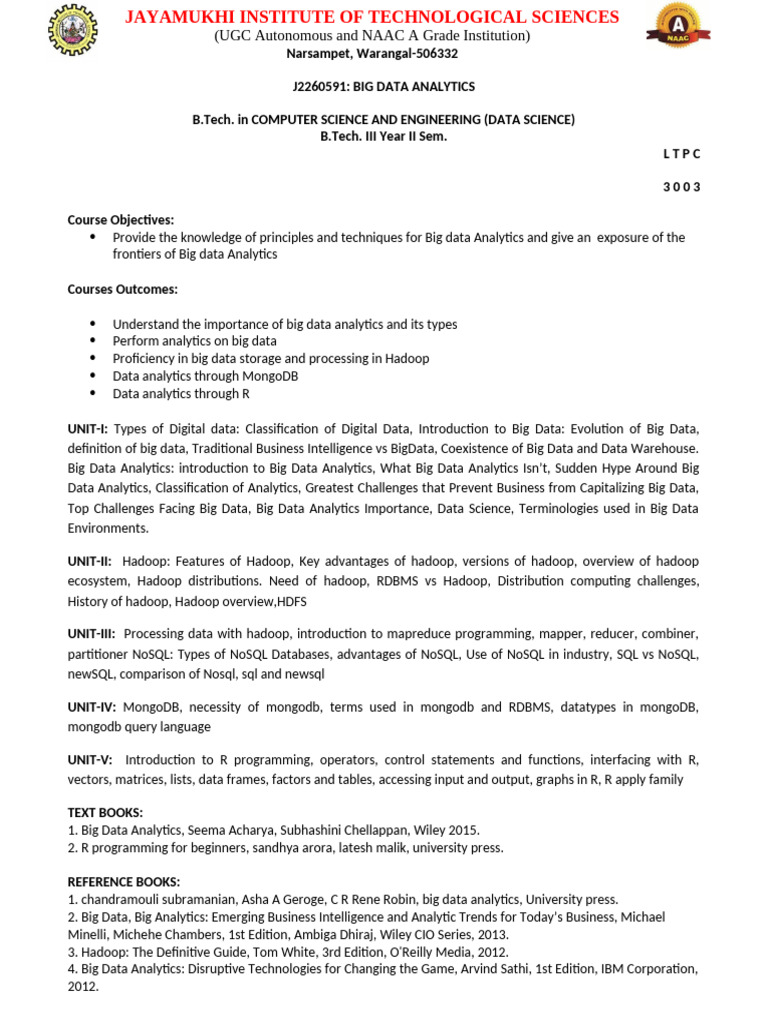 Big Data Analytics Syllabus | PDF | Big Data | No Sql