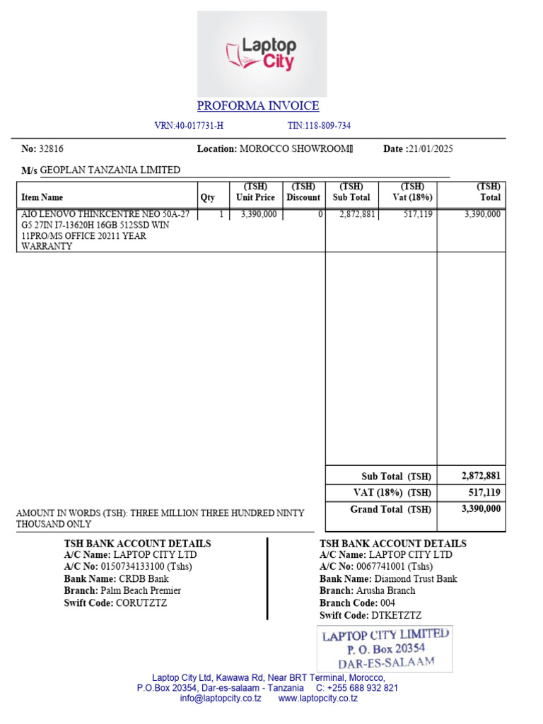 Proforma Invoice for Geoplan Tanzania | PDF