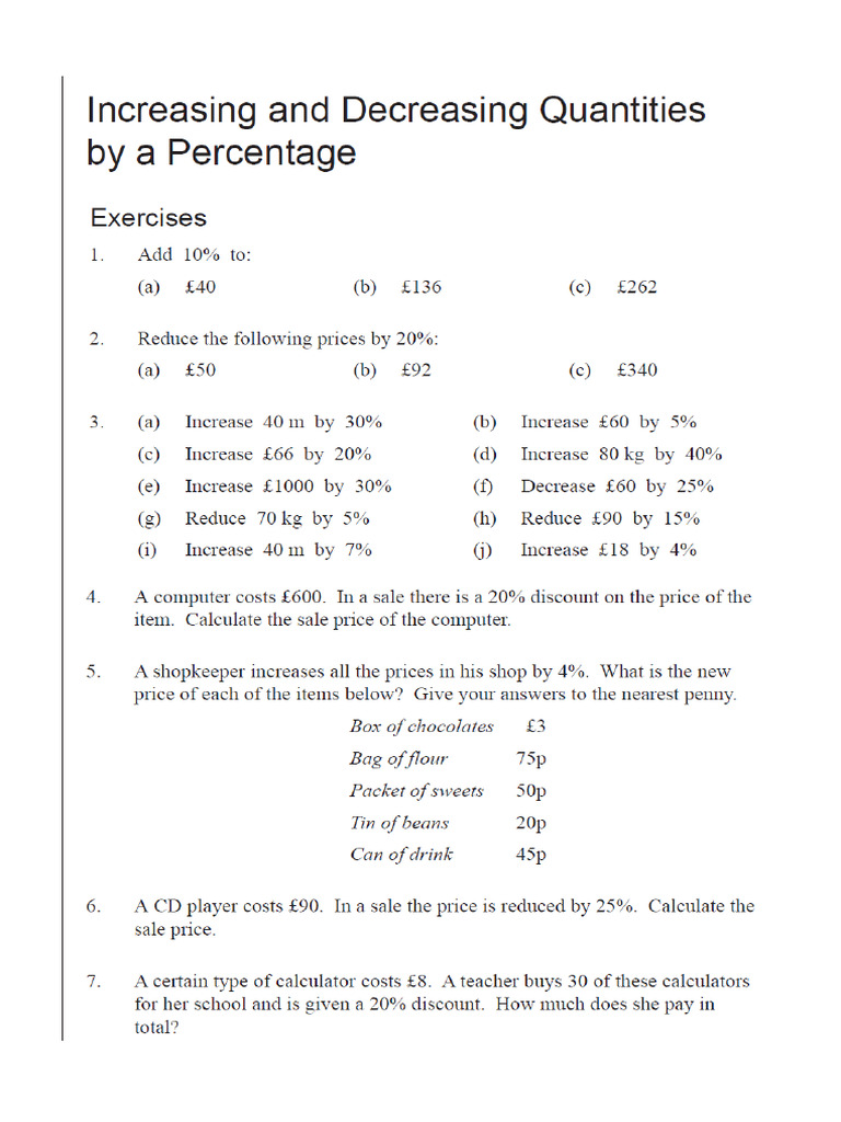 13 - Percentage Increase and Decrease WS | PDF