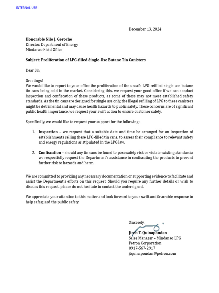DOE - Letter Report On LPG-filled Tin Can Proliferation - PDF - Displayname DOE - Letter Report ...