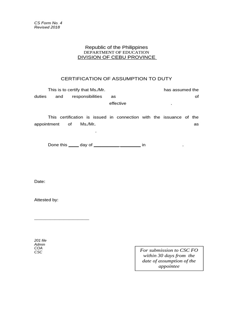 Assumption of Duty Certification Form | PDF