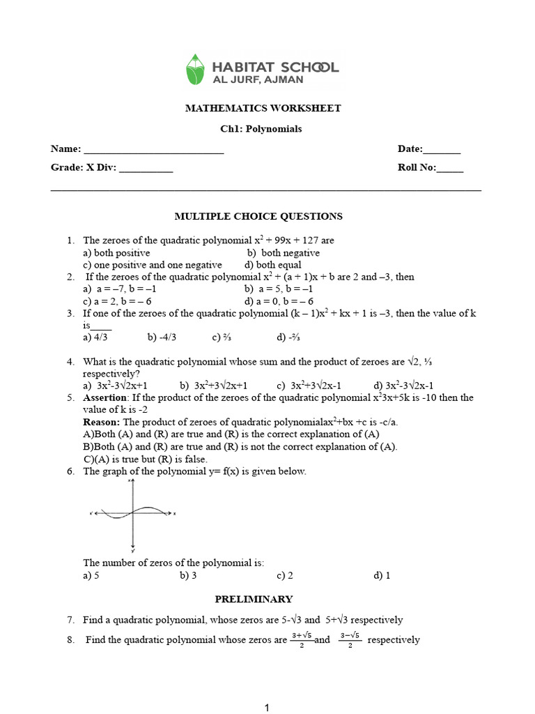 G10 - Maths Ch2 - PolynomialWS 2024-2025 | PDF | Polynomial | Zero Of A Function