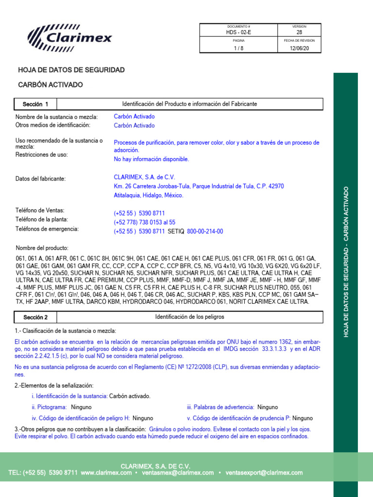 Hoja de Seguridad del Carbón Activado | PDF | Agua | Oxígeno