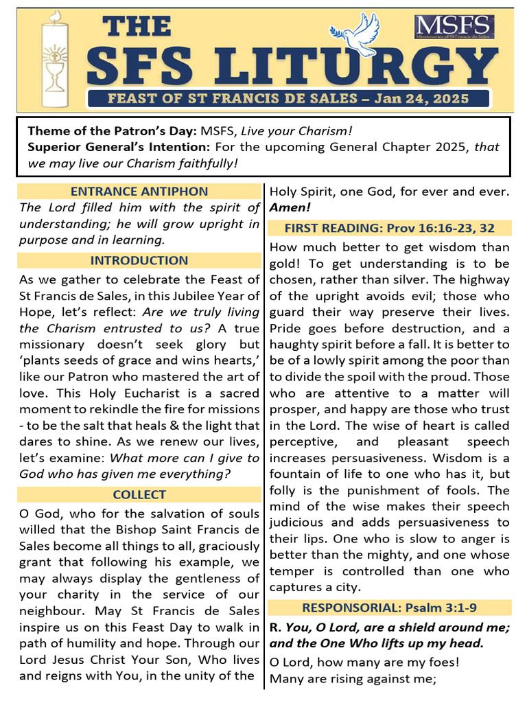 Liturgy Leaflet - Feast of SFS - Jan 24, 2025 - Prayers, Readings, Introduction, Reflections ...