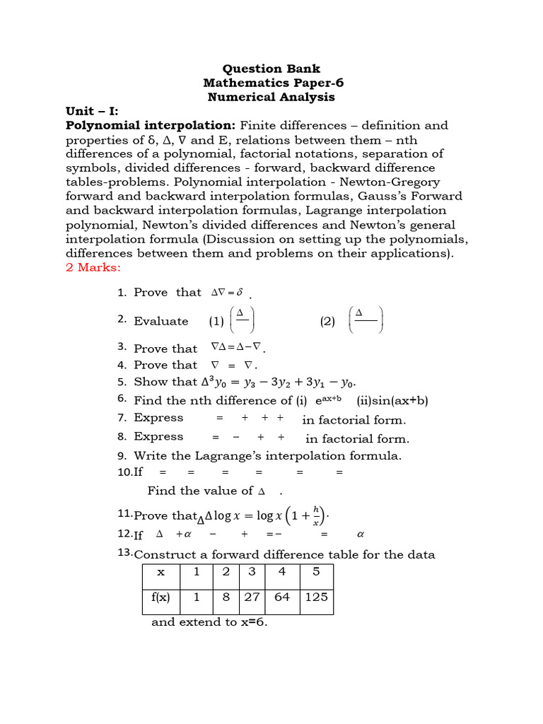 Numerical Analysis Question Bank | PDF | Finite Difference ...