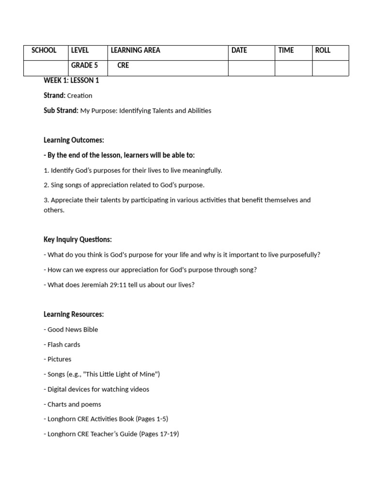 Grade 5 Rationalized Cre Lesson Plans Term 1 | PDF | Learning ...