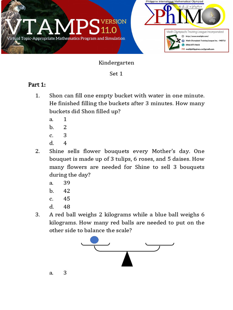 Phimo Math Oylmpic - Kindergarten Set 1 | PDF | Pokémon