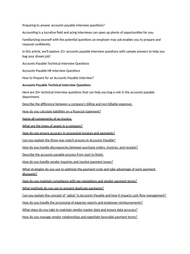 Accounts Payable Technical Interview Questions | PDF | Accounts Payable ...