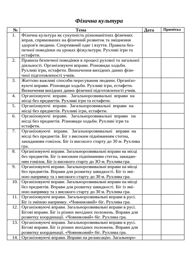 календарне планування фізична культура 1 клас Pdf
