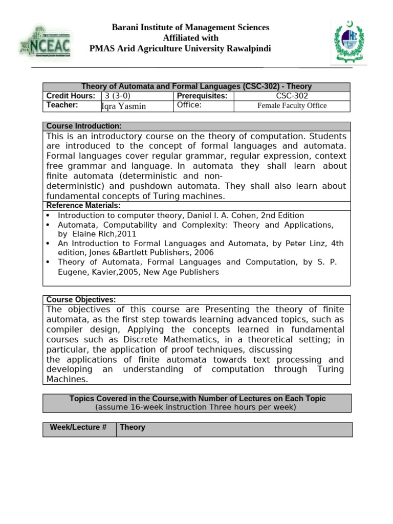 CSC-302_TheoryAutomata_CourseOutline (1) | PDF | Mathematics | Theoretical Computer Science