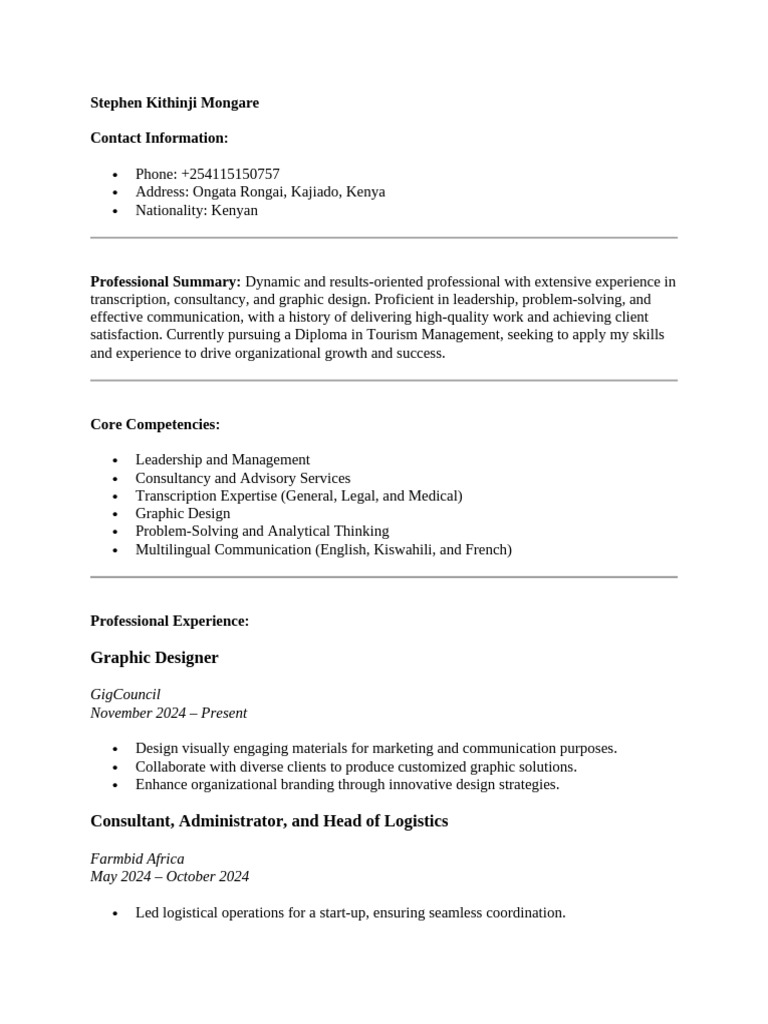 Stephen Kithinji Mongare | PDF | Consultant | Kenya