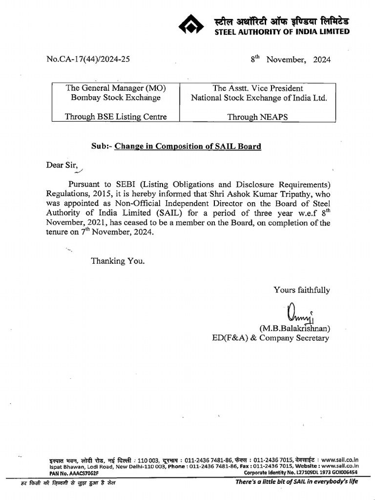 Change in Composition of SAIL Board As On November 07, 2024 | PDF