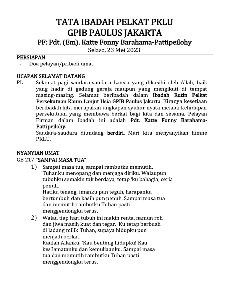 Ibadah Rutin Pelkat PKLU GPIB Paulus | PDF