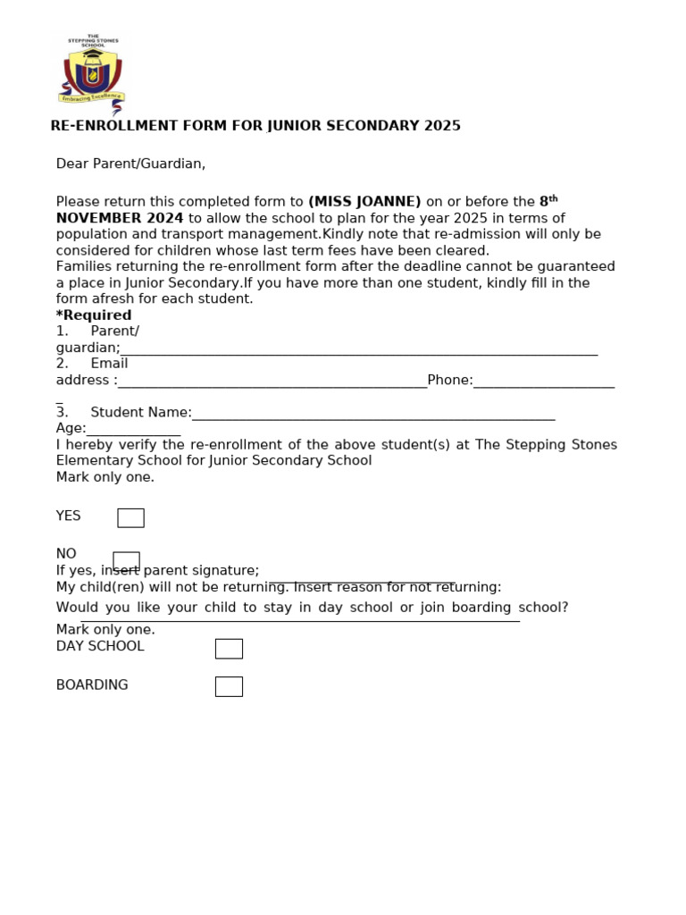 Jss Reenrolment Form 2025 | PDF