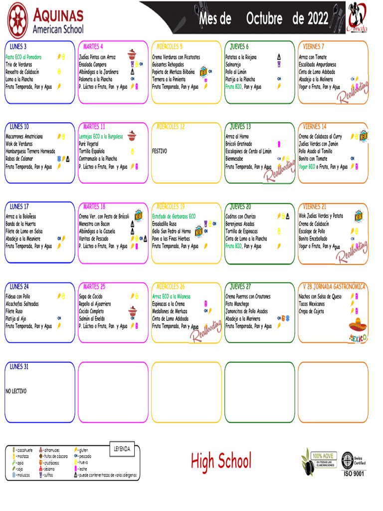 2022 09 22 - Menú Oct 2022 - High School | PDF | Alimentos | Cocina