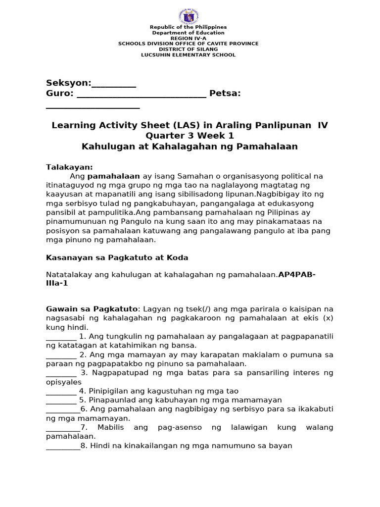 Pangalan: Antas/ Seksyon: - Guro: Petsa:: Talakayan: Pamahalaan | PDF