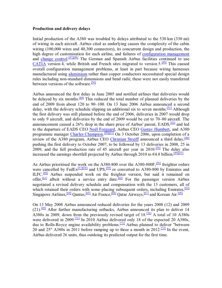 Airbus A380 Production and Delivery Delays | PDF | Computers ...