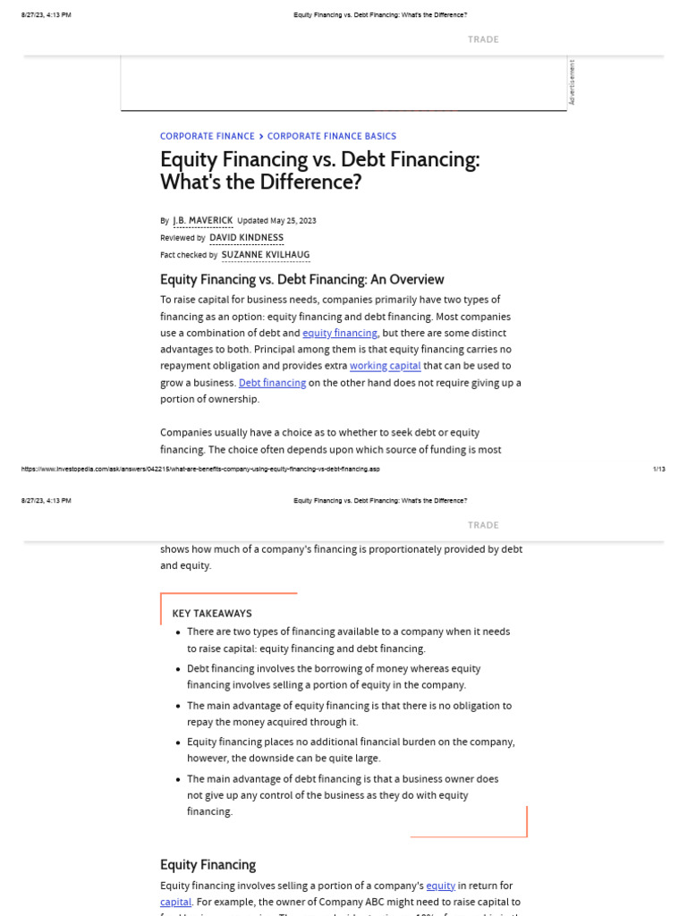 Equity Financing vs. Debt Financing - What's The Difference | PDF ...